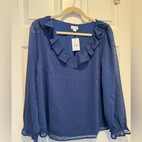 J. Crew | Tops | J Crew Navy Blue Top Sheer Sleeve Ruffle Neck New With ...